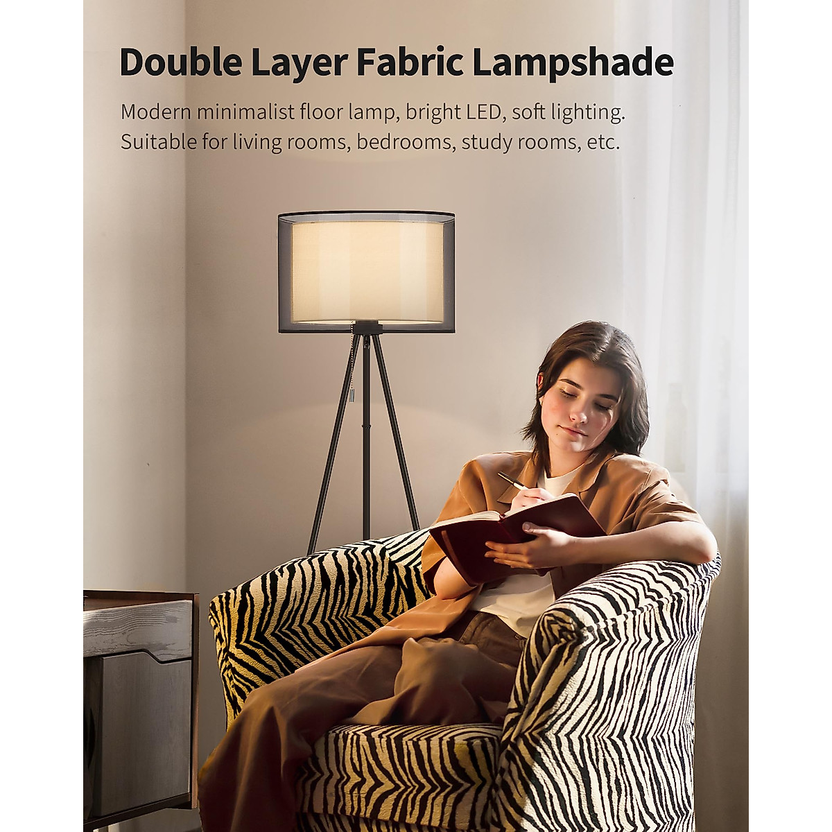 KDG Modern Floor Lamp for Living Room, Tall Tripod Floor Lamp Corner Lighting, Fabric Lampshade LED Bulb Bright Pole Light, High Light for Bedroom, Reading, Office, Study Room, Warm Light(Black)