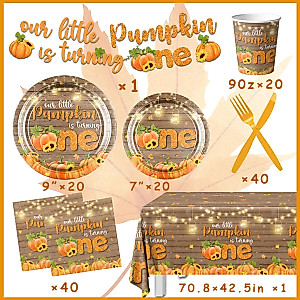 Our Little Pumpkin is Turning One Decorations,142Pcs 1st Birthday Pumpkin Theme Decorations Fall Little Pumpkin First Birthday Theme Party Tableware for Baby Shower Autumn Thanksgiving Supplies