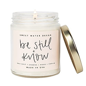 Sweet Water Decor, Be Still and Know, Sea Salt, Jasmine, Cream, and Wood Scented Soy Wax Candle for Home | 9oz Clear Jar, 40 Hour Burn Time, Made in the USA