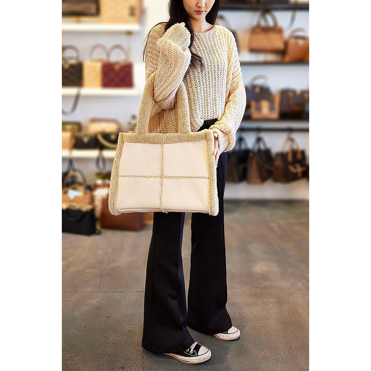 Like Dreams Large Sherpa Tote Bag, Inner Pocket Vegan Leather, Large Tote Hand bags for Women, Fashion Winter Purse (Ivory)