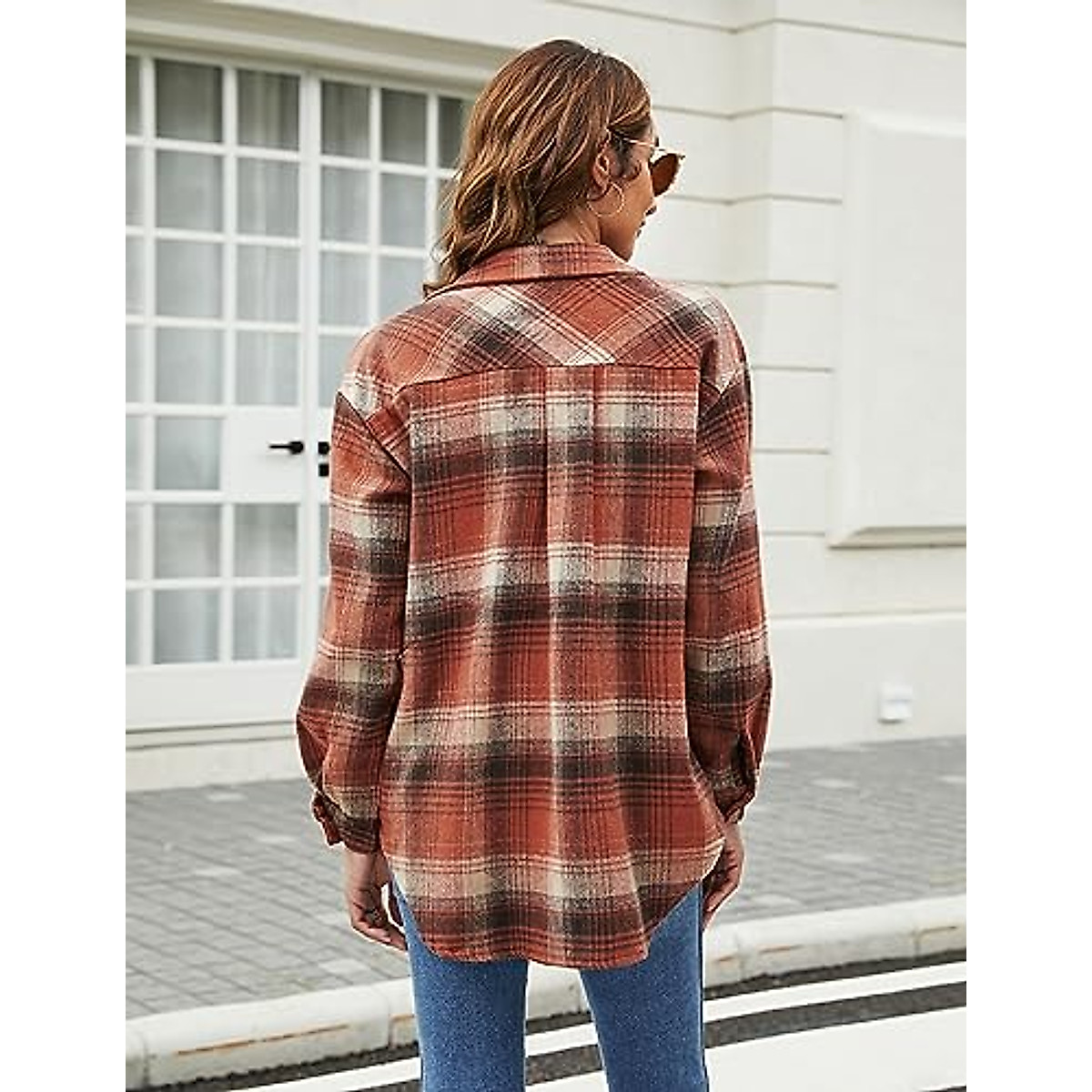 Blooming Jelly Flannel Shirts for Women Long Sleeve Plaid Shirt Shacket Jackets Fall Outfits 2025 (X-Large, Orange)