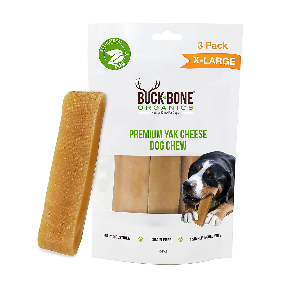 Buck Bone Organics Yak Cheese Chews for Dogs, All Natural Himalayan Yak Chew, Long Lasting Pet Treats, Odor Free, with Limited Ingredients (3 Ex Large Sticks)