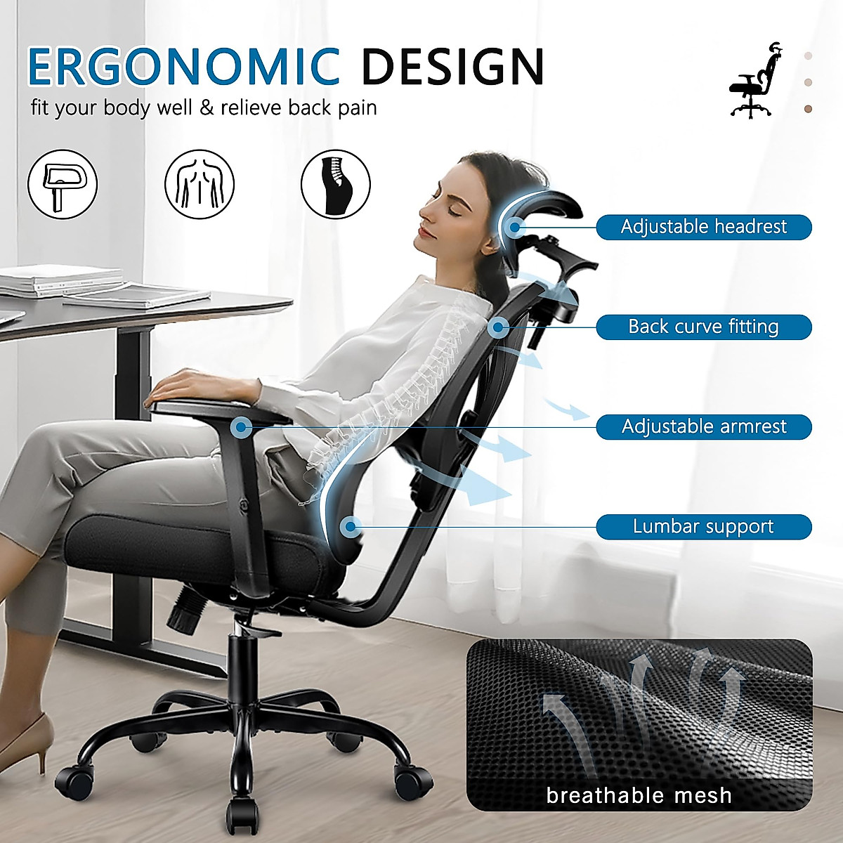 Winrise Office Chair Ergonomic Desk Chair Comfy Computer Chair, Big and Tall Home Office Chair with Back Support, Mesh Office Chair High Back Gaming Chair with Adjustable Armrest (Black)