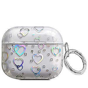 J.west Compatible with AirPods 3 Case Clear Laser Glitter Heart Pattern Fashion Flexible Soft Durable Slim Shockproof AirPods Case with Keychain for AirPods 3rd Generation for Women Girls