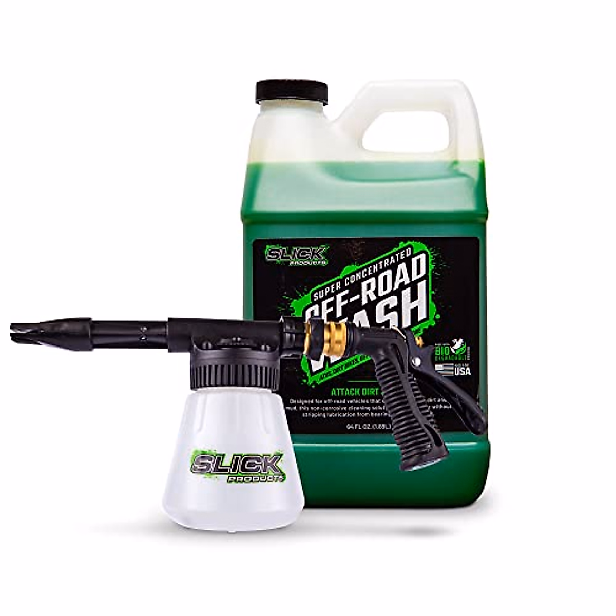 Slick Products Off-Road Wash (64 oz.) + Garden Hose Foam Gun Bundle - Super Concentrated Bike, ATV, UTV, Truck Wash Foam Shampoo for Heavy Dirt and Mud