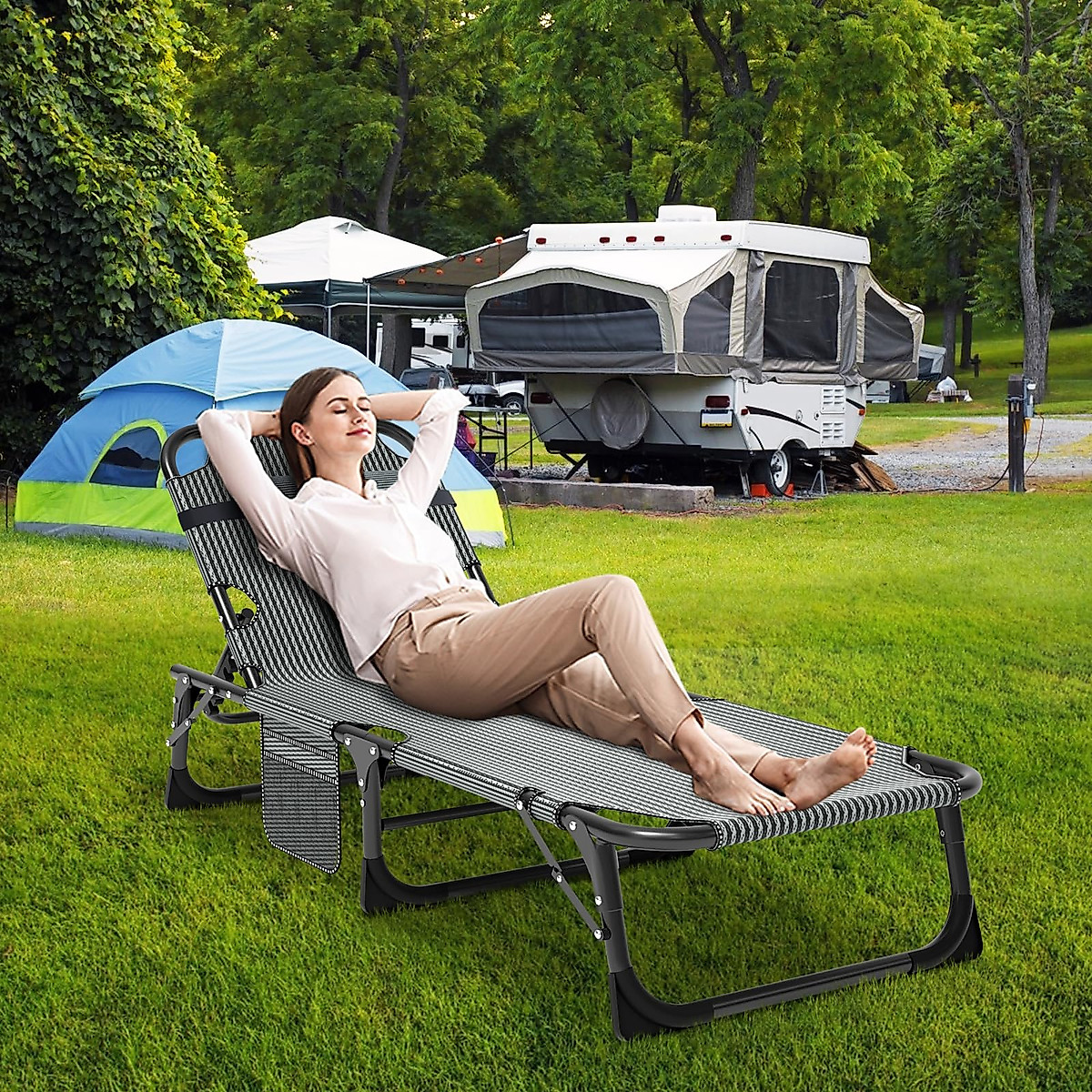 Slsy Folding Lounge Chairs Outdoor, Adjustable Sleeping Cot Chair, Portable Folding Bed Cot Chaise Lounge Chairs for Outside Beach Lawn Camping Pool Sun Tanning