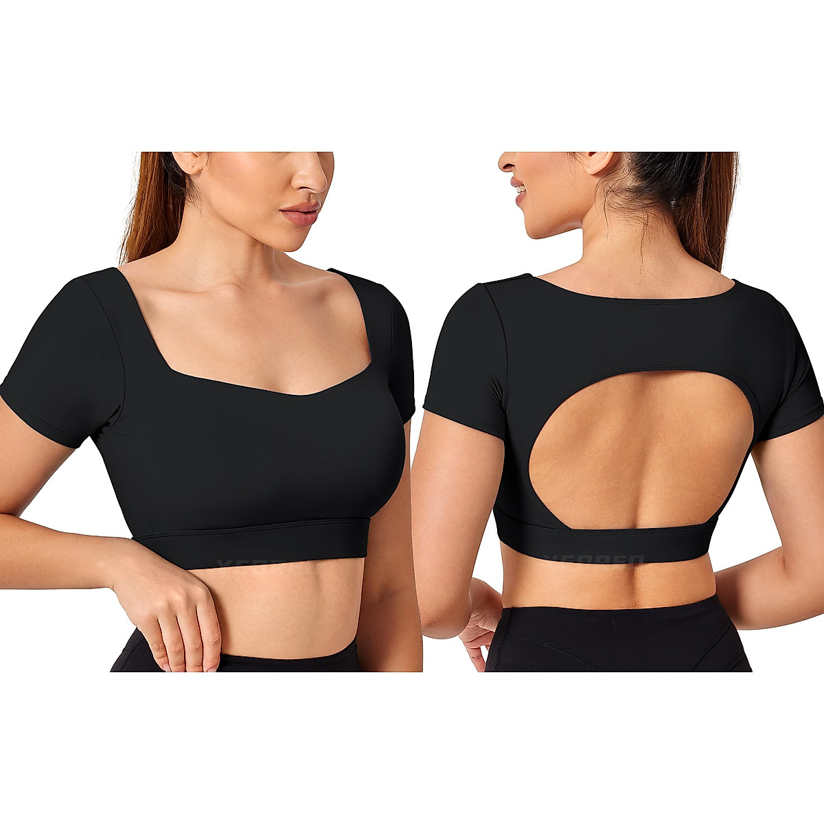 YEOREO Women Open Back Tee Crop Tops with Removable Pad Workout Backless Gym Shirt Bra Going Out T Shirt Top