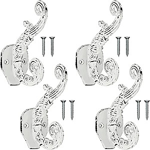 Neighbours Lane Cast Iron Hooks for Hanging Coats - Vintage Wall Hooks for Hanging Towels, Robes, Hats, Bags & More - Medium-Sized Decorative Wall Hook in Antique White Finish Pack of 4