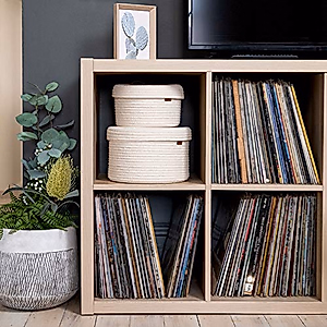 DENJA & CO Round Baskets with Lids - Set of 2 Decorative Baskets with Lids for Organizing - Natural Cotton Rope Lidded Baskets with Genuine Leather Tabs and Handles - Storage Baskets with Lids