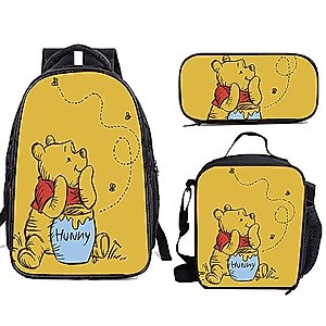 oqizkeu Wi.nnie the P.ooh Bear 3Pcs School Bags Set Boys Girls Student Bookbag 16 Inch Teens Laptop Backpack with Lunch Bag Pencil Case