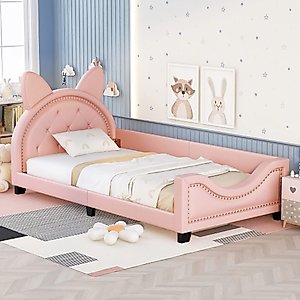 CNANXU Twin Size Upholstered Daybed with Bunny Ears/Mouse Ears Headboard, Bed Frames for Boys,Girls,Teens, Platform Bed for Bedroom,Mattress Base,No Box Spring Needed (Bunny Ears Pink)
