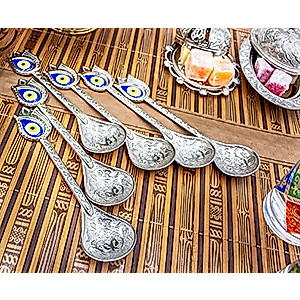 Kuchengerate 6pcs Evil Eye Beady Silver Casting Tea Coffee Stirring Teaspoons 12.7cm/5" inc Unique Nazar Design - a Different Product Dazzling - Suitable for Dessert Espresso Ice Cream - Best Gift Set