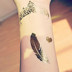 24 Sheets Gold Henna Tattoo Temporary Tattoos for Adult Women, Over 300 Shimmer Waterproof Fake Tatoos - Gold Tattoos Metallic Stickers in Bracelets, Feathers, Wrist and Arm Bands