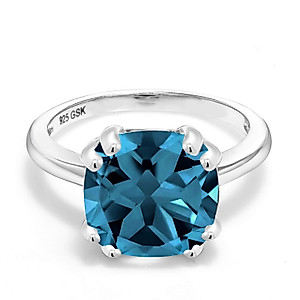 Gem Stone King 4.35 Cttw London Blue Topaz Engagement Double Prong Ring For Women In 925 Sterling Silver | 10MM Cushion Cut | Gemstone Birthstone | Available In Size 5, 6, 7, 8, 9