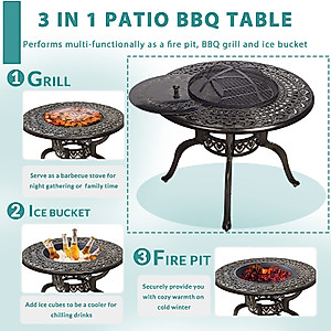 MEETWARM 40.3" Patio Fire Pit Dining Table Round Charcoal and Wood Burning, Outdoor All Weather Cast Aluminum Patio Furniture with Fire Bowl, Cooking BBQ Grill, Wood Grate, Spark Screen and Poker