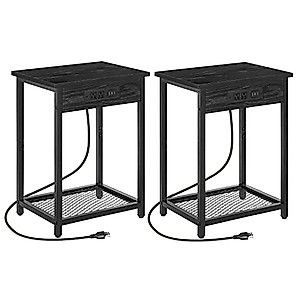 melos Nightstands Set of 2 with Charging Station, 2 Tier Bedside Table with USB Ports and Outlets, Narrow End Table with Storage Shelf, Side Tables for Bedroom, Living Room, Black