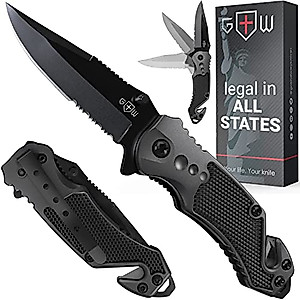 2,95” Serrated Blade Pocket Knife - Black Folding Knife with Glass Breaker and Seatbelt Cutter - Small EDC Knife with Pocket Clip for Men Women - Sharp Tactical Camping Survival Hiking Knives 6680