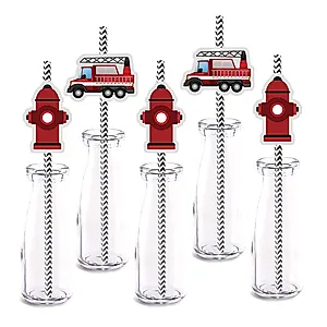 Firefighter Theme Party Straw Decor, 24-Pack fire fireman theme baby shower birthday Party Decorations, Paper Decorative Straws