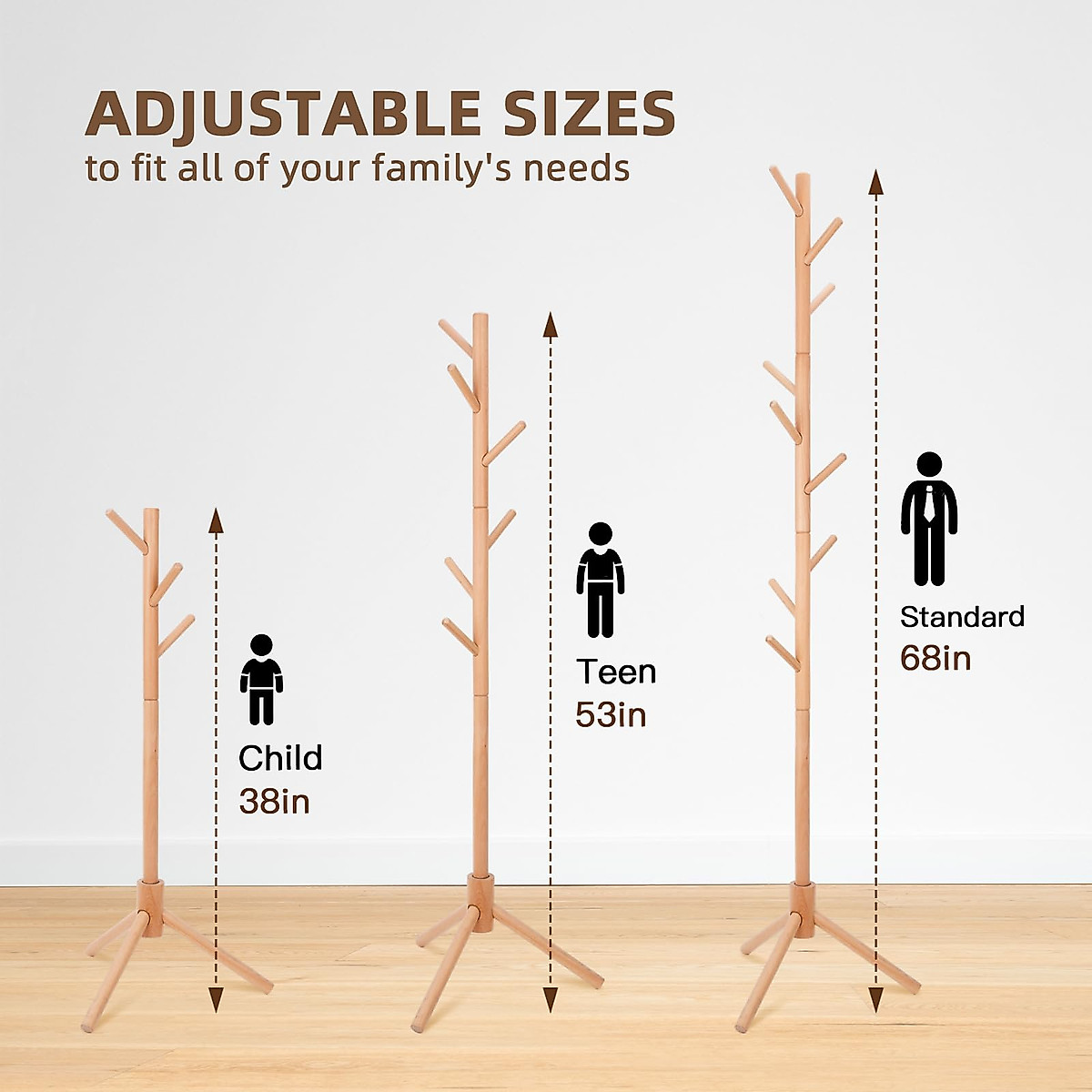 OOOK Solid Wooden Coat Rack Freestanding, Standing Coat Rack with 8 Hooks, 3 Height Options, Suitable for Kids and Adult, Coat Racks Free Standing for Bedroom Office Entrance Log Color
