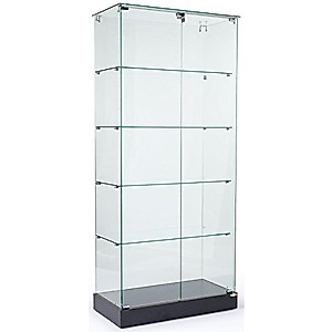 Displays2go Tempered Glass Frameless Design Display Case with 4 Shelves and Black Laminate Base, 31 x 71 x 15-3/4-Inch (IFDC8040BK)