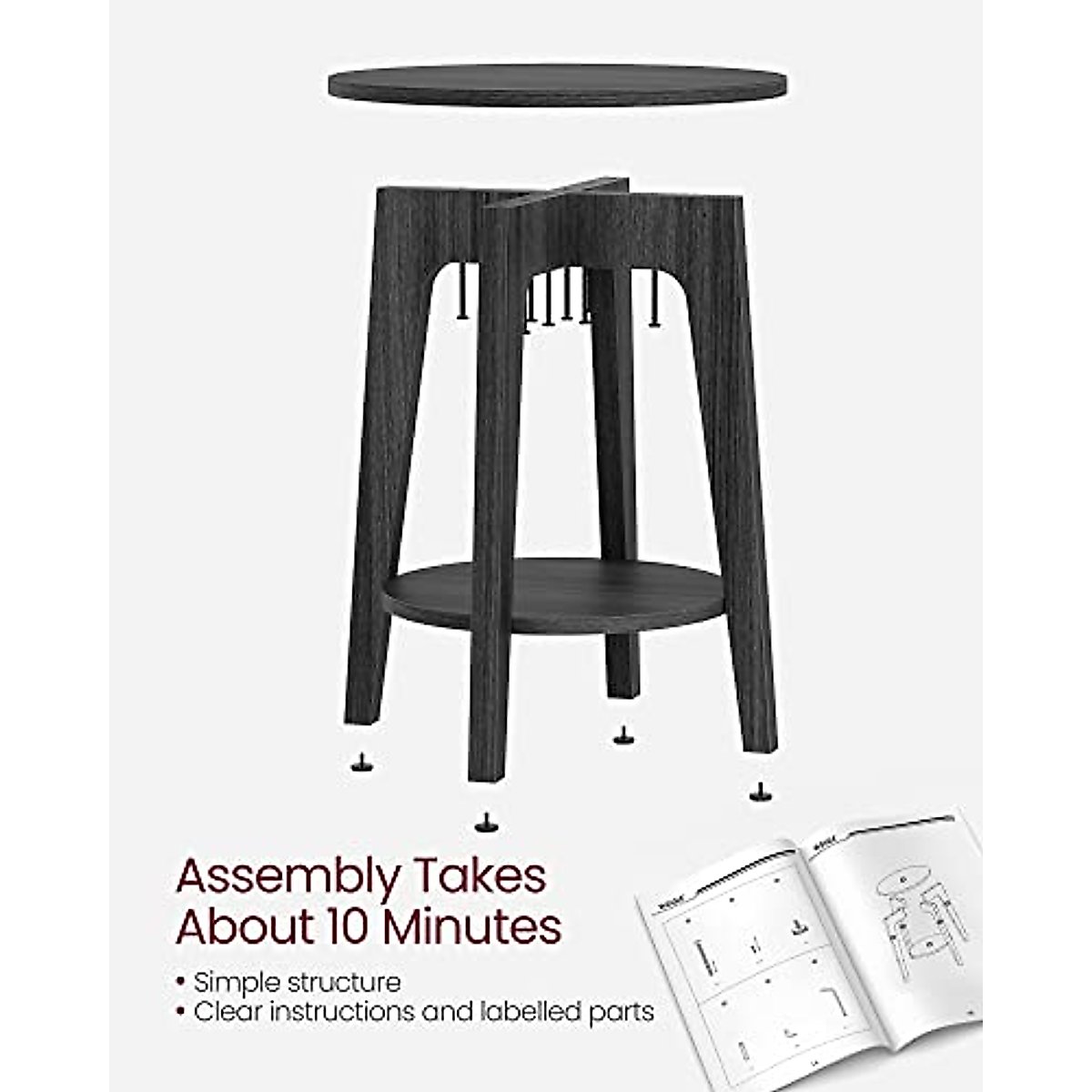 VASAGLE Round End Table with Lower Shelf, Nightstand for Small Spaces, 15.8 x15.8 x 19.7 Inches, Black