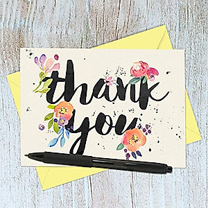 Fresh &amp; Lucky 40 Thank You Cards With Yellow Envelopes - Multiple Watercolor Floral Graphic Designs - Perfect For Wedding Gifts, Birthday Gift, Party Invitations, Business Events, Donation Events And Any Occasions