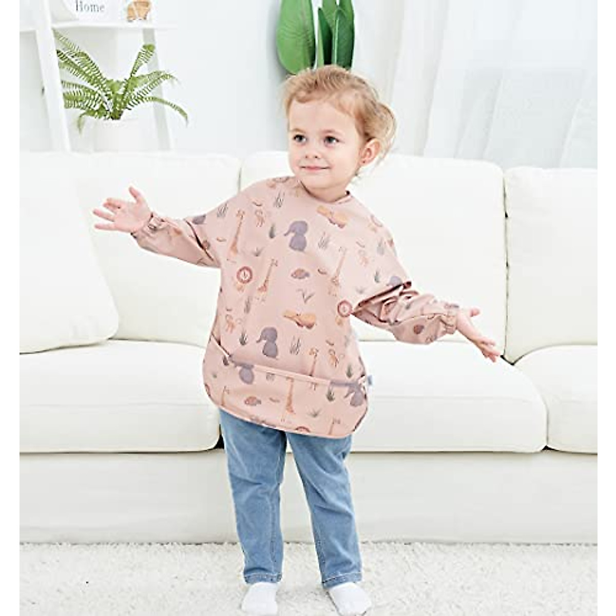 GZMM Waterproof Baby Bibs,Infant Toddler Long Sleeve Feeding Bib With Food Catcher,Easy Clean & Washable 2 Pack