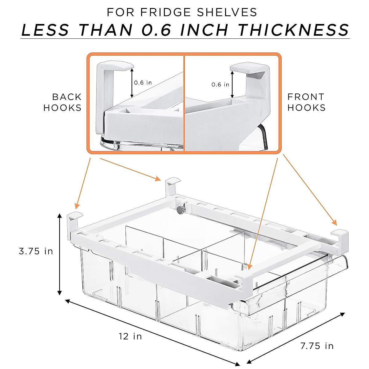Sorbus Pull Out Fridge Drawer Organizer, for 0.6 Inch Thick Shelf, Adjustable Plastic Bathroom Organizer, 12-17 Inches, Refrigerator Storage Bin, Kitchen & Bathroom Storage (1 Pack)