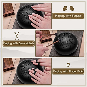 Kiddisie Steel Tongue Drum 11 Notes 6 Inch Handpan Drum Percussion Instrument with Mallets, Mallet Bracket, Finger Picks, Music Book and Travel Bag for Meditation Yoga Musical Education