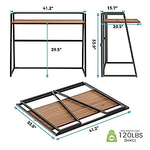 41 Inch Small Walnut & Black Folding Computer Desk, Sturdy Heavy Duty Foldable Table for Small Spaces Home Office Bedroom Outdoor Work Study Writing Collapsible Portable with Metal Legs, EPA Certified