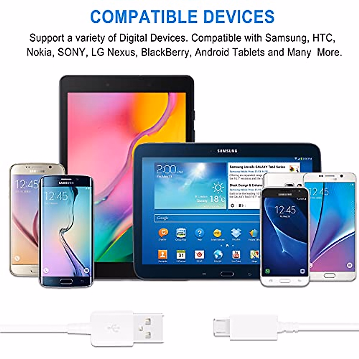 Adaptive Fast Android Charging Wall Charger with 5-Feet Micro USB Cable for Samsung Galaxy S7/S7 E/S6/S6 E/S5/Note5/4 /S4/S3/S2/J7 J7V J5 J3 J3V J2, LG G2 G3 K20, Moto E4 E5 E6, Tablet (2 Pack, White)