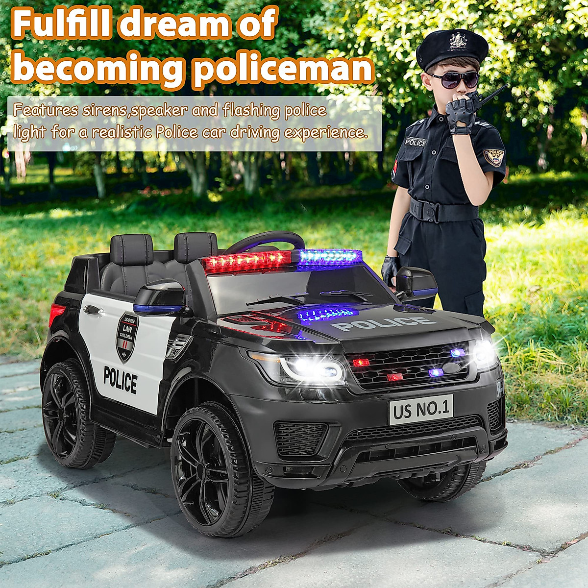 TOBBI Police Car Ride on 12V Electric Car for Kids Battery Powered Ride-on Toys Cop Cars with Remote Control, Siren, Flashing Lights, Music, Spring Suspension, Carbon Black