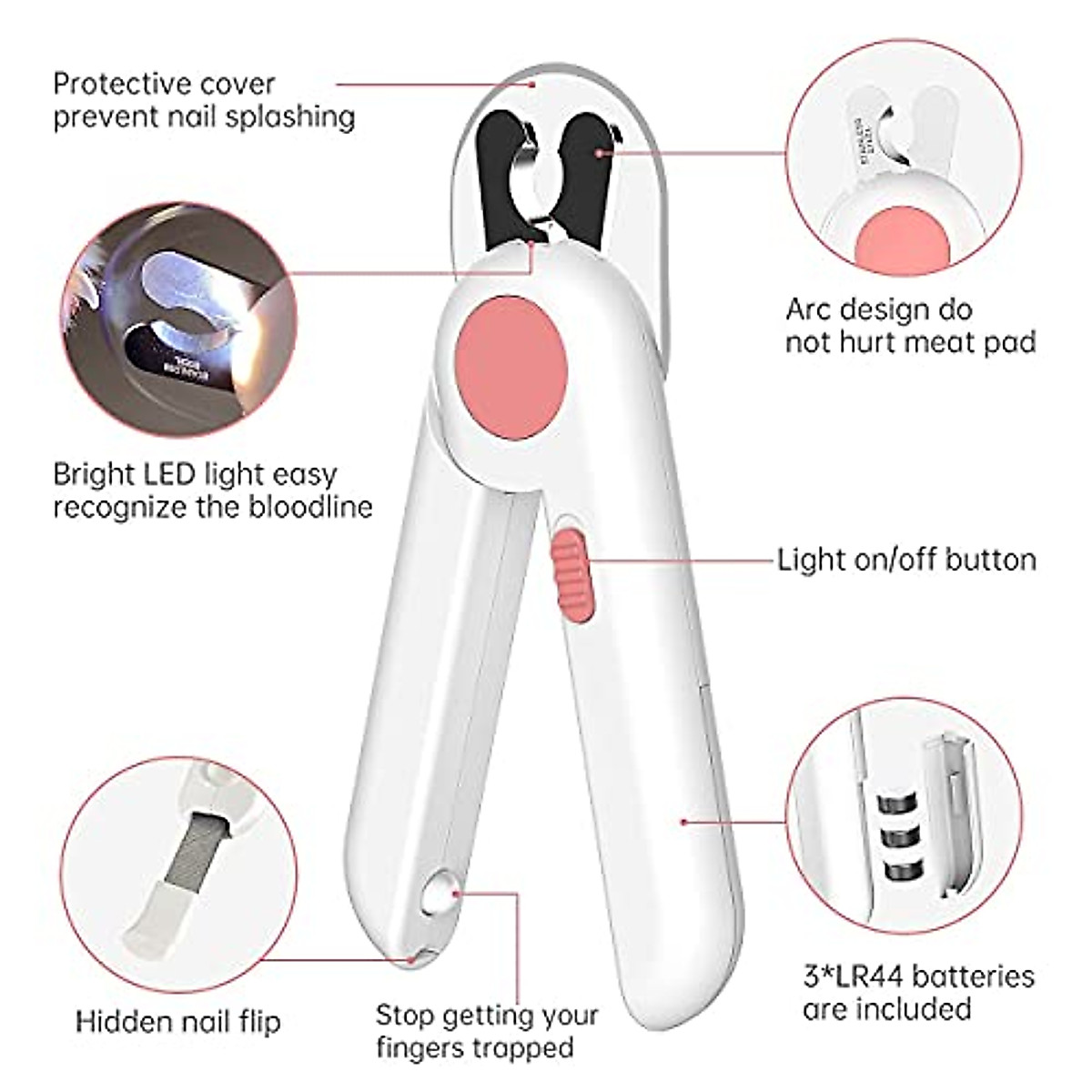 Petgravity Cat Dog Nail Clippers Trimmer with LED Light to Avoid Over-Cutting Hidden Nail File Razor Sharp Blade with 3 Battery Professional Grooming Tools Kit for Pet Claw Care Pink