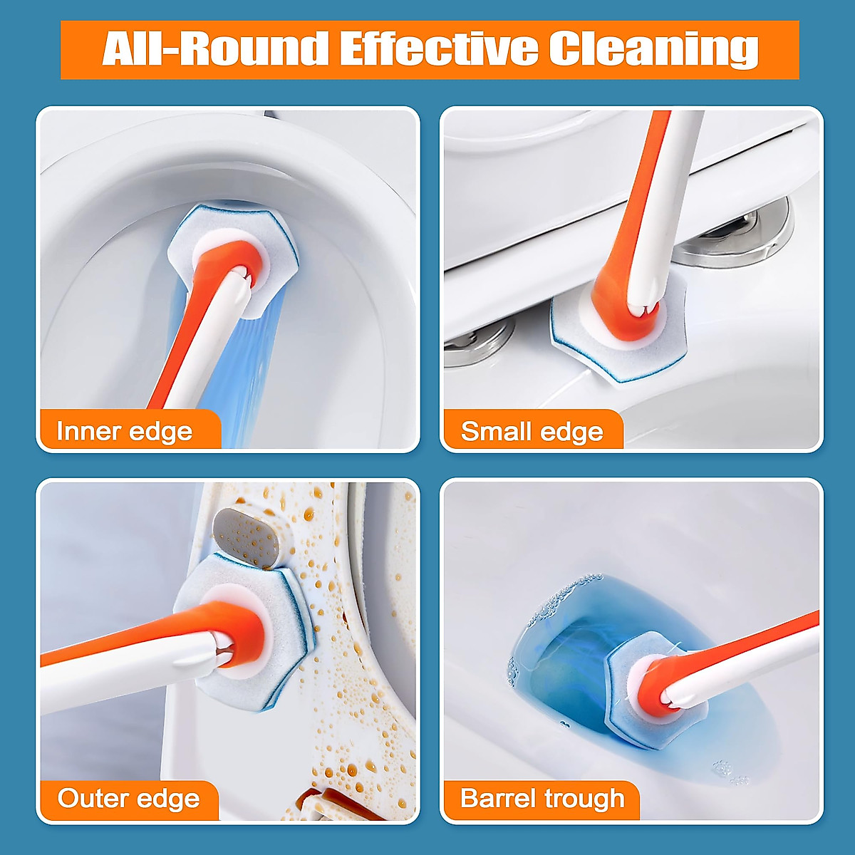 JEHONN Disposable Toilet Bowl Cleaner Wand with 40 Cleaner Refills, Wall Mounted Long Handle Compact Bathroom Scrub Brush Holder Set for Sink Bathtub Wash Basin Mop Pool (Orange)