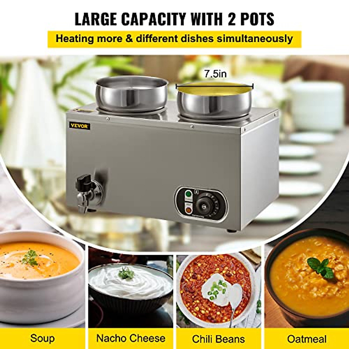 VEVOR 110V Commercial Food Warmer 8.4 Qt Capacity, 500W Electric Soup Warmer Adjustable Temp.86-185℉, Stainless Steel Countertop Soup Pot with Tap, Bain Marie Food Warmer for Cheese/Hot Dog/Rice