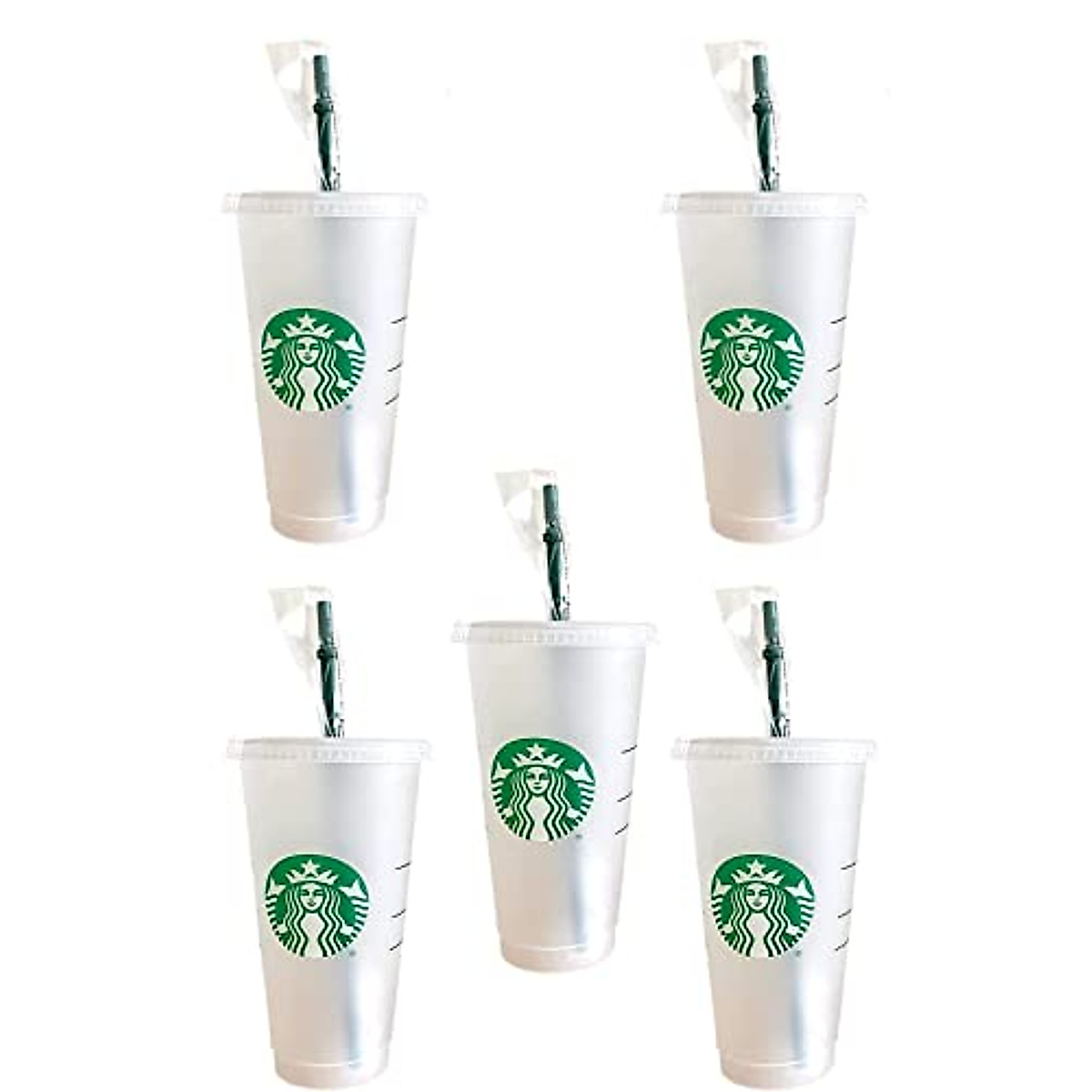 Starbuck 5 Pack Bundle - Reusable Frosted 24 oz Cold Cup with Lid and Green Straw w/Stopper