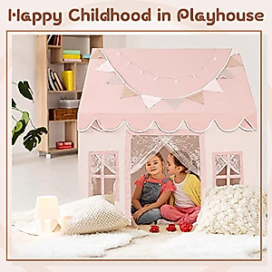 Kids Play Tent with Non-Slip Mat, Star Lights, Decorating Flag, Lace Curtains Playhouse with 4 Windows, Machine Washable, Indoor and Outdoor Play Tent for Kids, Girls, Pink, 47" x 40" x 52"