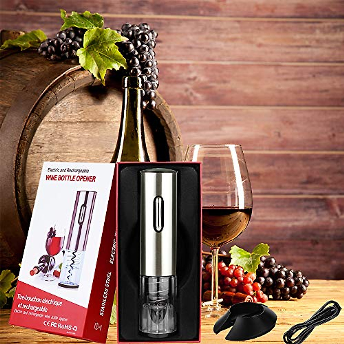GOSCIEN Electric Wine Opener, Automatic Electric Wine Bottle Corkscrew Opener, Rechargeable Stainless Steel Cordless Electric Wine Bottle Opener Gift Set with Foil Cutter, USB Charging Cable