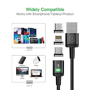 Kuulaa Magnetic Charging Cable Magnetic Phone Charger 2Pack 3A Fast Charging Cable Support Data Transfer 3 in 1 USB Magnetic Charger Cable for iPhone/Micro USB/Type C Device (6ft+6ft)