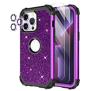 LONTECT for iPhone 13 Pro Max Case Glitter Sparkly Bling 3 in 1 Shockproof Heavy Duty Full Body Sturdy Protective Case for Apple iPhone 13 Pro Max with 2 Screen Protector+Camera Protector,Dark Purple