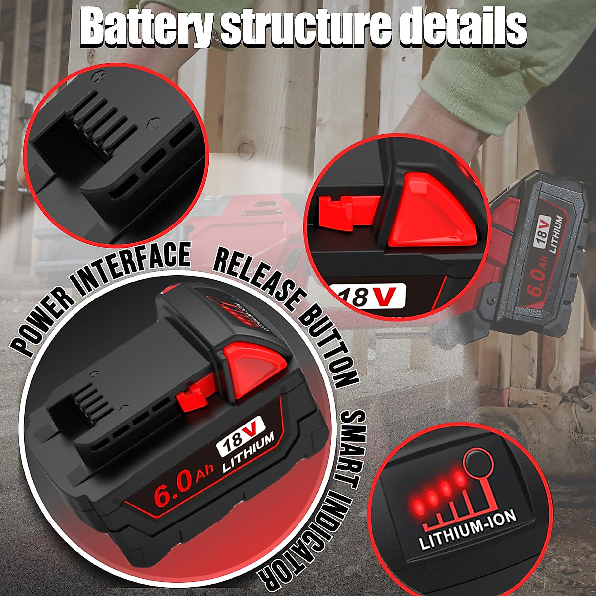 KIGWOF 4 Packs 18V 6.0Ah Battery Replacement for Milwaukee M18 Battery Compatible with M18 Milwaukee XC Lithium-Ion Battery 48-11-1850 48-11-1852 48-11-1840 48-11-1860 Cordless Tools