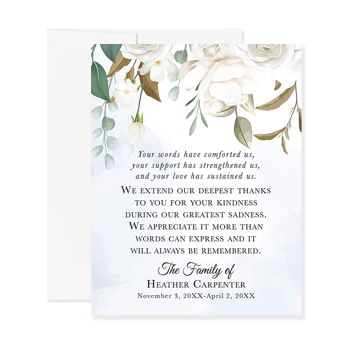 Hello Love Goods White Floral and Greenery Funeral Thank You Cards, Sympathy Acknowledgement Cards, 4.25x5.5 Flat Bereavement Notes with Envelopes