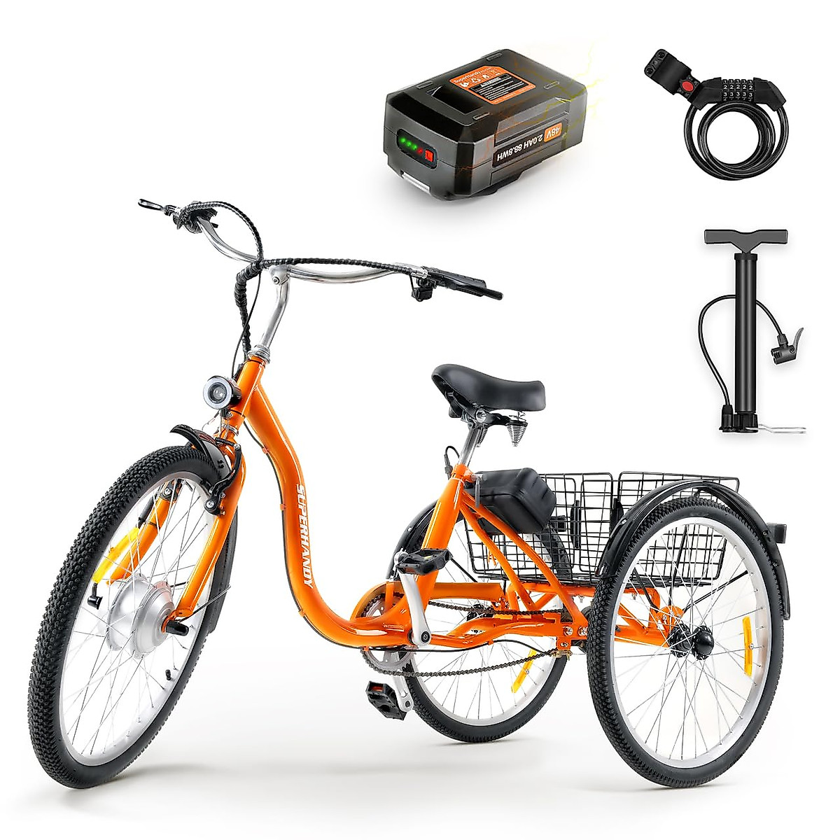 SuperHandy Adult Tricycle Electric Bike EcoRide 3 Modes, Adaptive Torque Pedal Assist, 250W Motor, (2) Lithium Batteries, 330LB Capacity, Large Storage Basket, LED Headlight, Air Pump+Lock Included