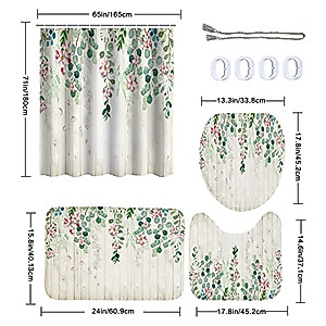 Mightree Bathroom Shower Curtains 4 PCS Set, Waterproof Fabric Bathroom Curtain with 12 Hooks, Toilet Lid Cover and Bath Mat, Non-Slip Rug Foot mat, Pink Flower, Medium