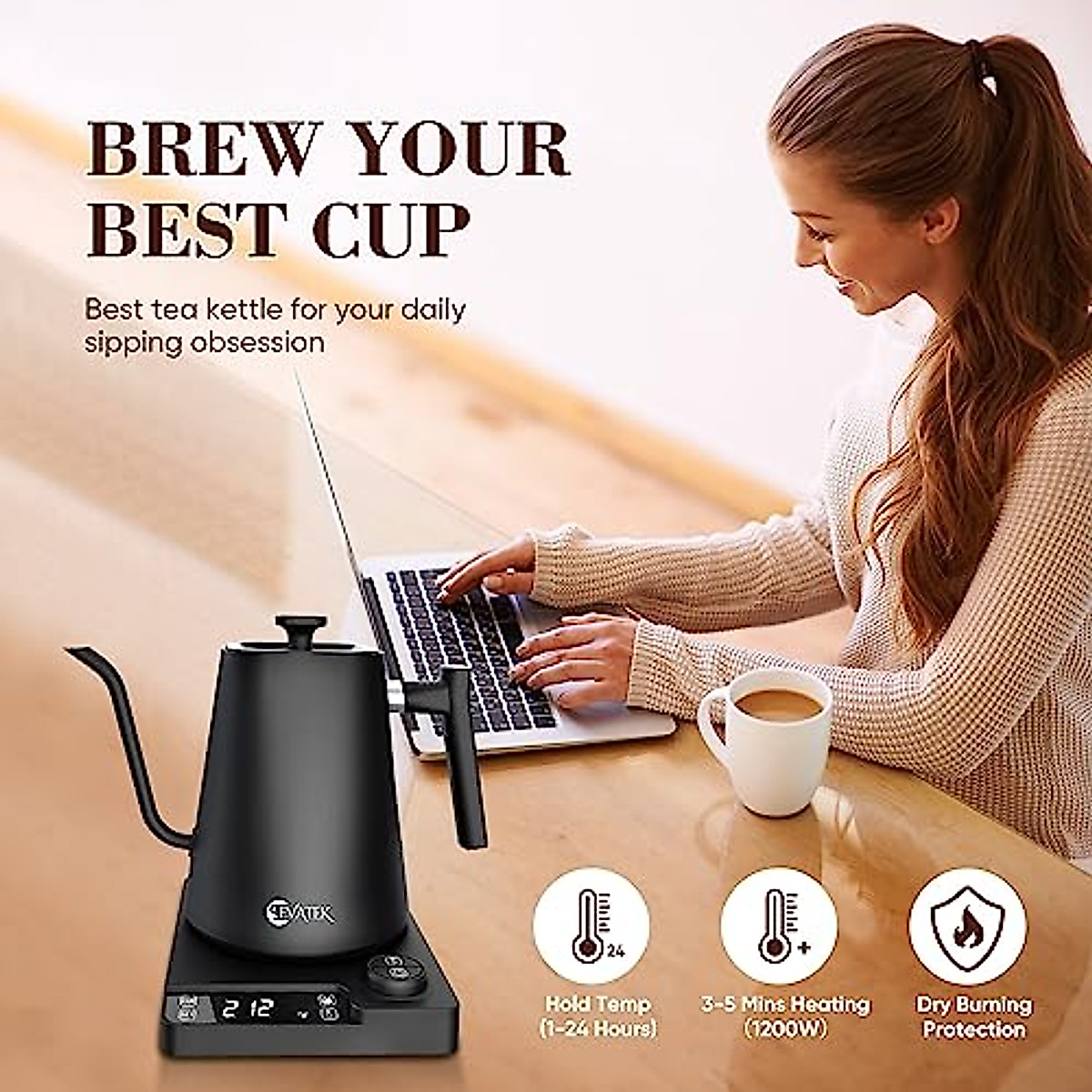 EVATEK Gooseneck Electric Kettle Temperature Control, 1L Electric Tea Kettle with Auto Shut-off, Keep Warm for 1-24h, Dry Burning Protection, 1200W Stainless Steel Pour-Over Coffee Kettle