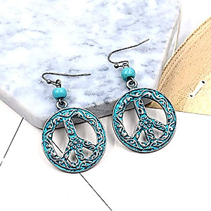 Antique Vintage Bronze Round Peace Love Sign Symbol Hook Earring Carving Filigree Flower Drop Earring Women Jewelry (Retro Blue)