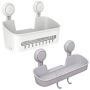 LEVERLOC Shower Caddy Suction Cup & Shower Caddy with 4 Hooks One Second Installation Removable Powerful Shower Organizer Max Hold 22lbs Suction Bathroom Caddy Waterproof Shower Storage