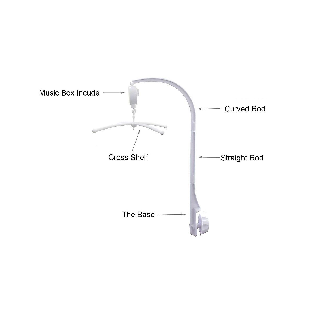 26inch White Baby Crib Mobile Music Box Bed Bell Toy Holder Arm Bracket Nut Screw Music Box Holder Set Parts for Baby Bed Perambulator (Without Dolls)