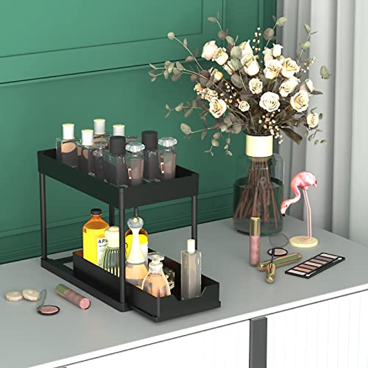 Treerit 2 Pack Under Sink Organizers and Storage Pull Out Drawers, 2-Tier Under Sink Pull Out Organizer with 8 Hooks and 2 Hanging Cups, Multi-Purpose Under Sink Storage for Bathroom Kitchen Office