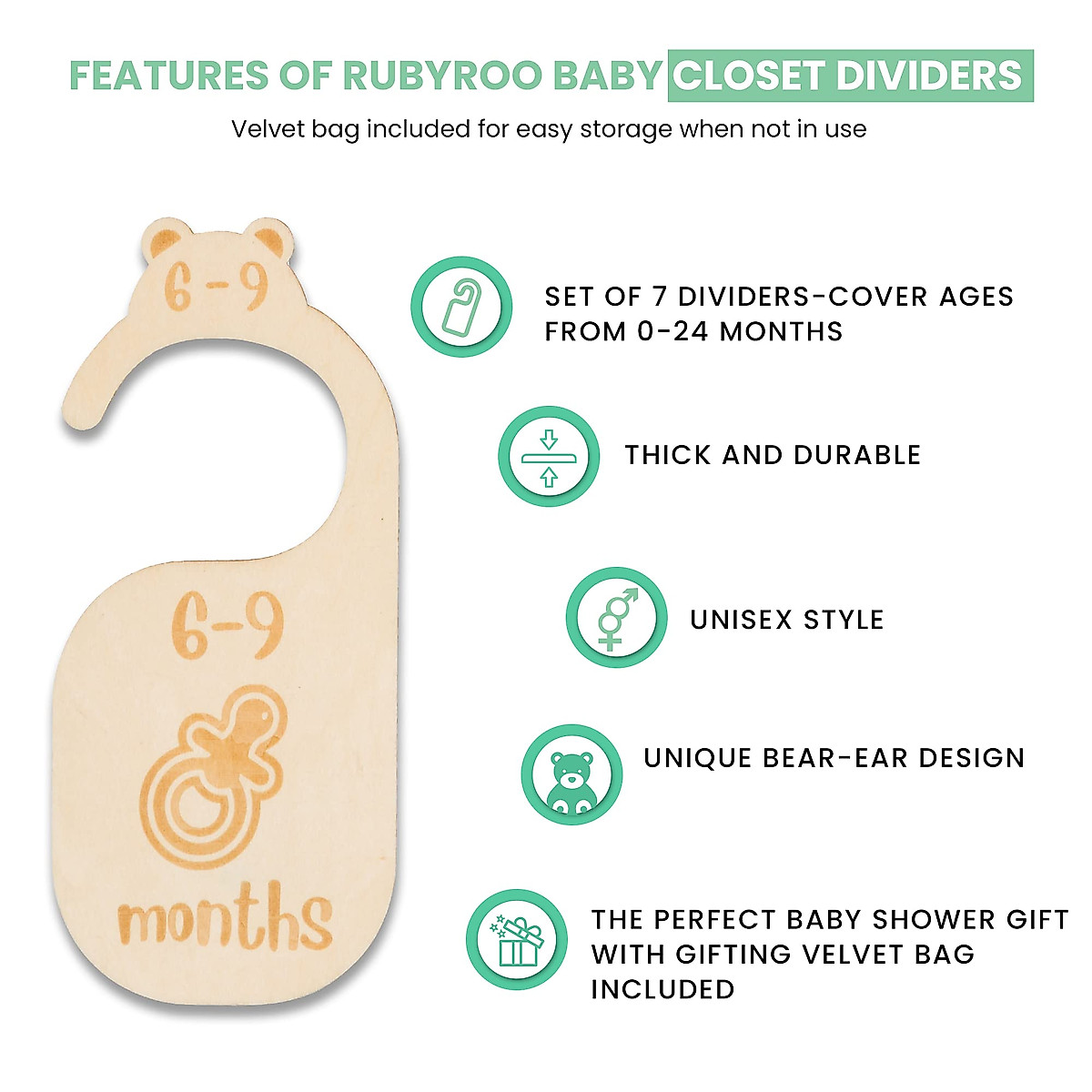 RubyRoo Baby Closet Dividers - Nursery Closet Organizer Hangers for Baby Clothing - Premium Wood Infant Size Age Hanging Closet Organizer - Kid Closet Decor - Engraved Style